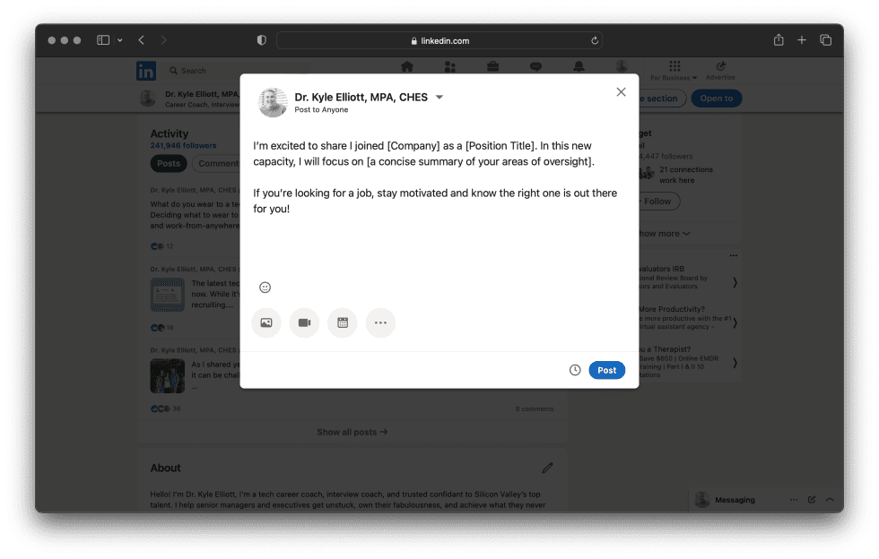 How To Announce A New Job On LinkedIn (With Example) | CaffeinatedKyle.com